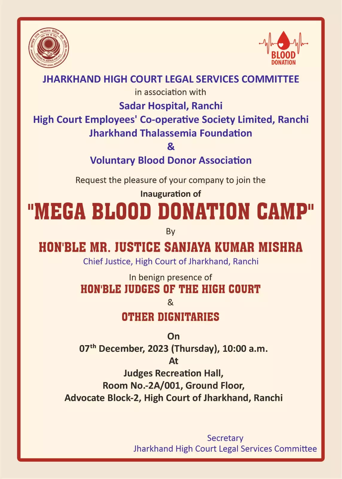 Mega Blood Donation Camp Organized At Jharkhand High Court Premises