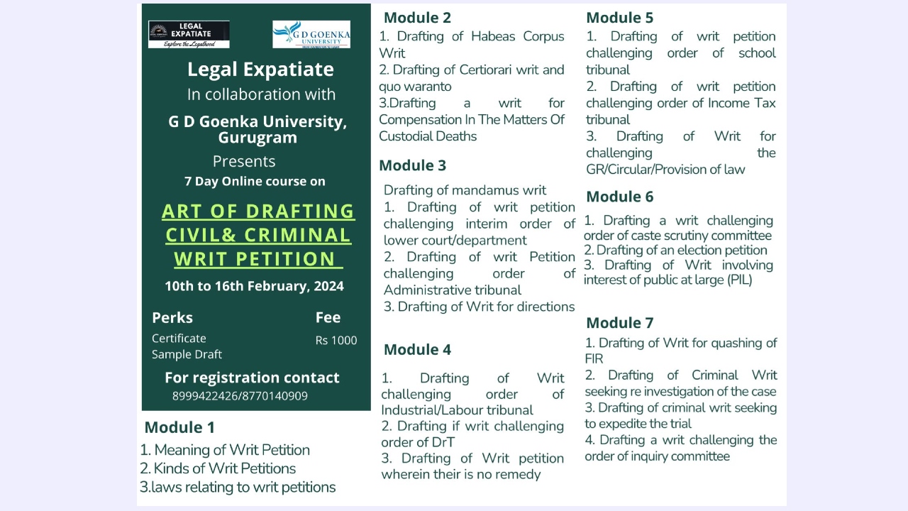 Legal Expatiate, Online Course, Drafting, Writ Petitions